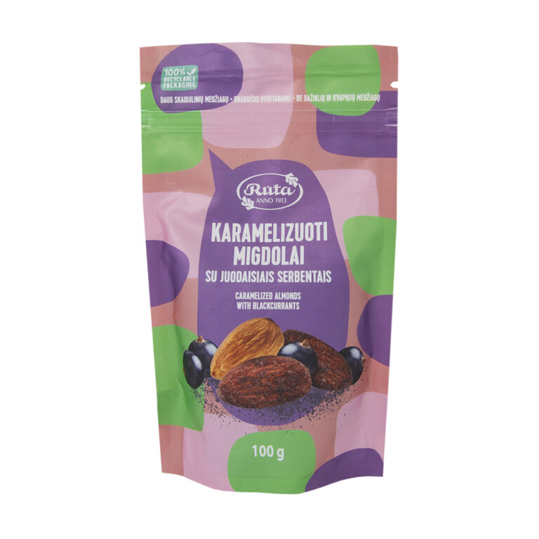 Karamelizuoti migdolai su juodaisiais serbentais, 100 g – Saldainių ...